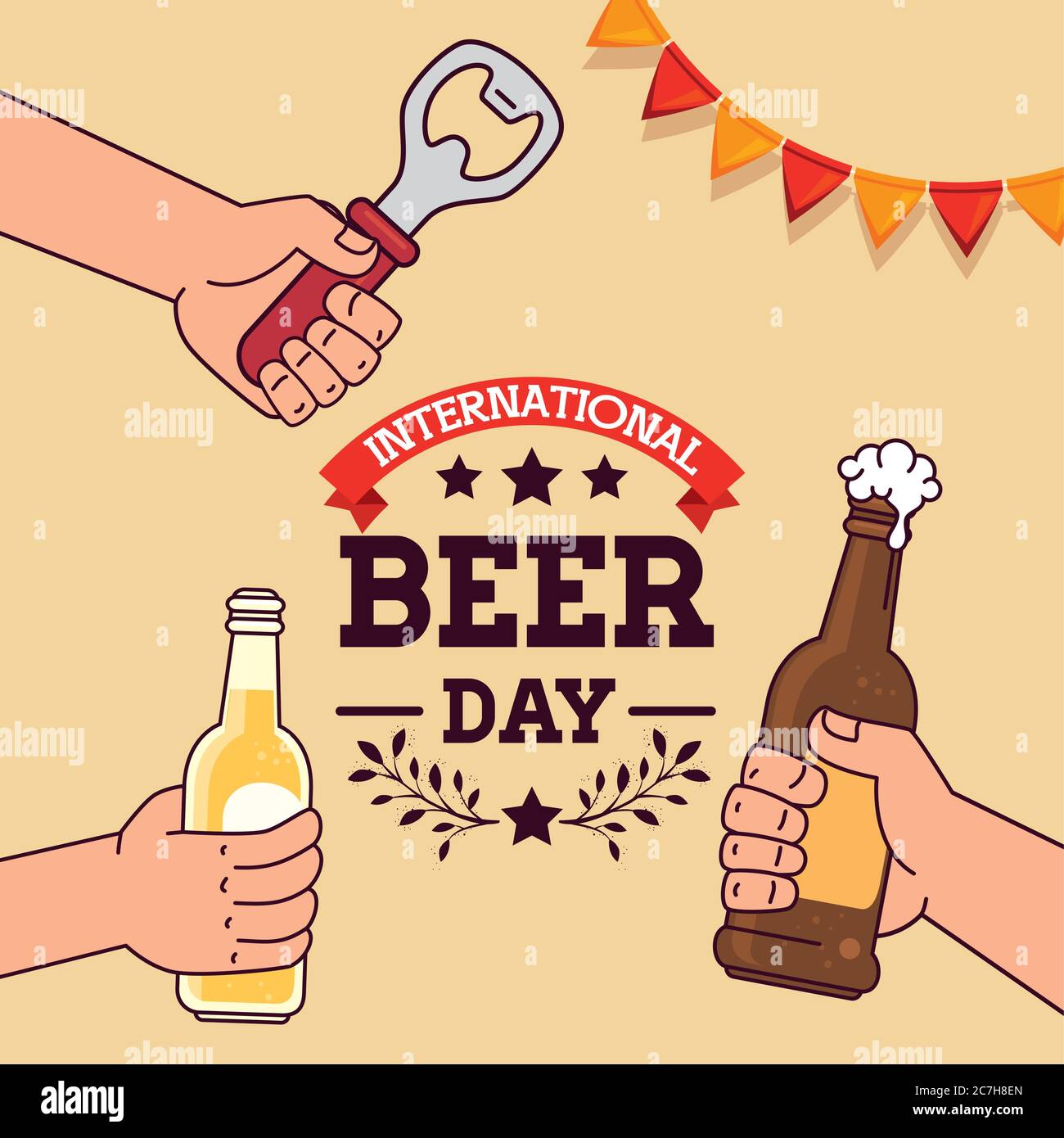 international beer day, august, with hands holding bottles beer and ...