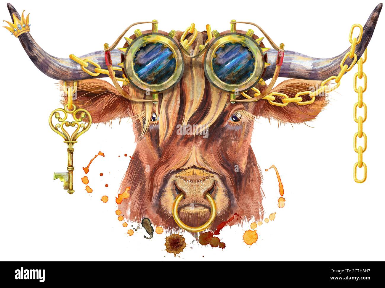 Bull with steampunk goggles and gold chains on which a key hangs ...