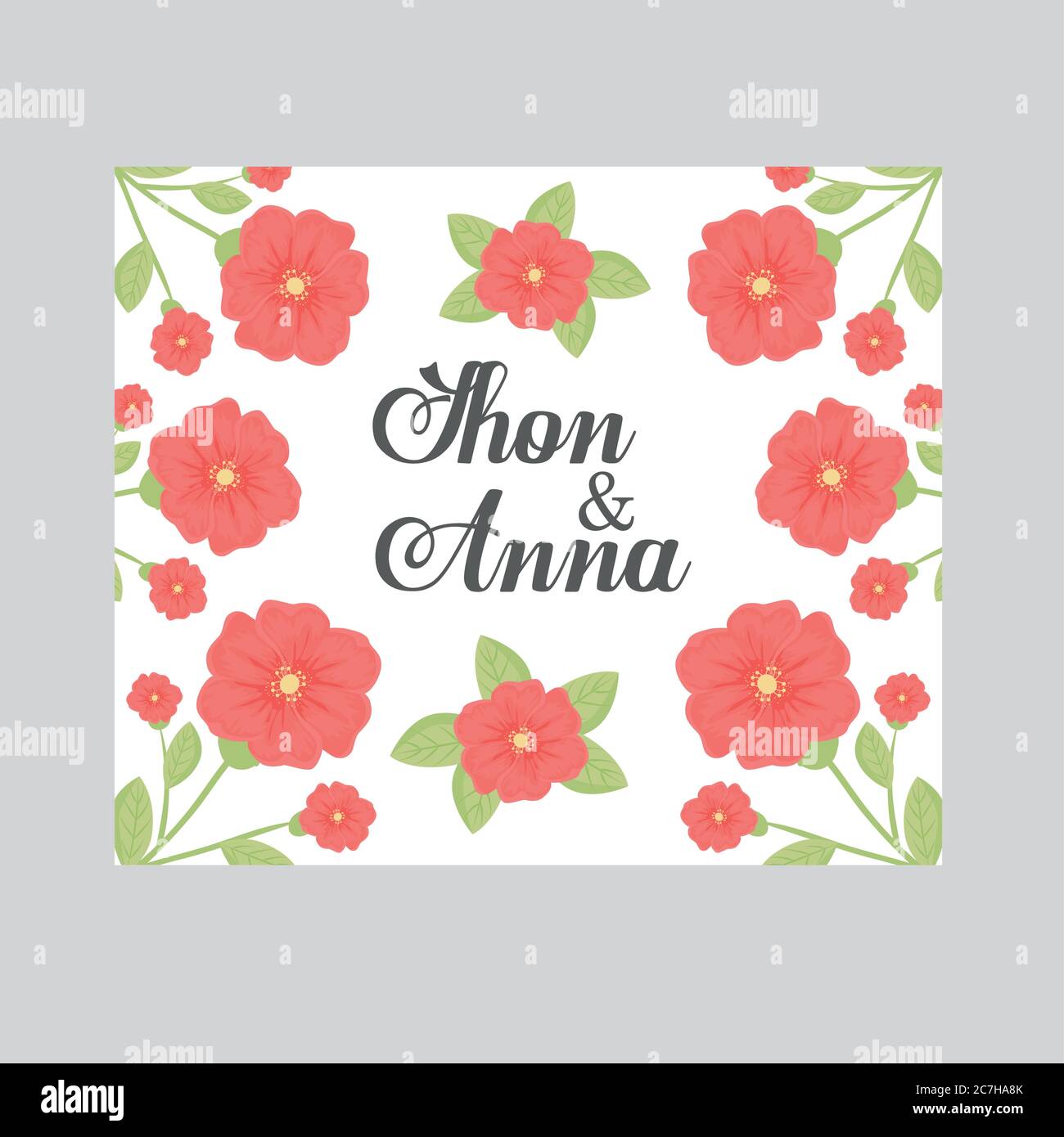 Wedding invitation with red flowers and leaves vector design Stock ...