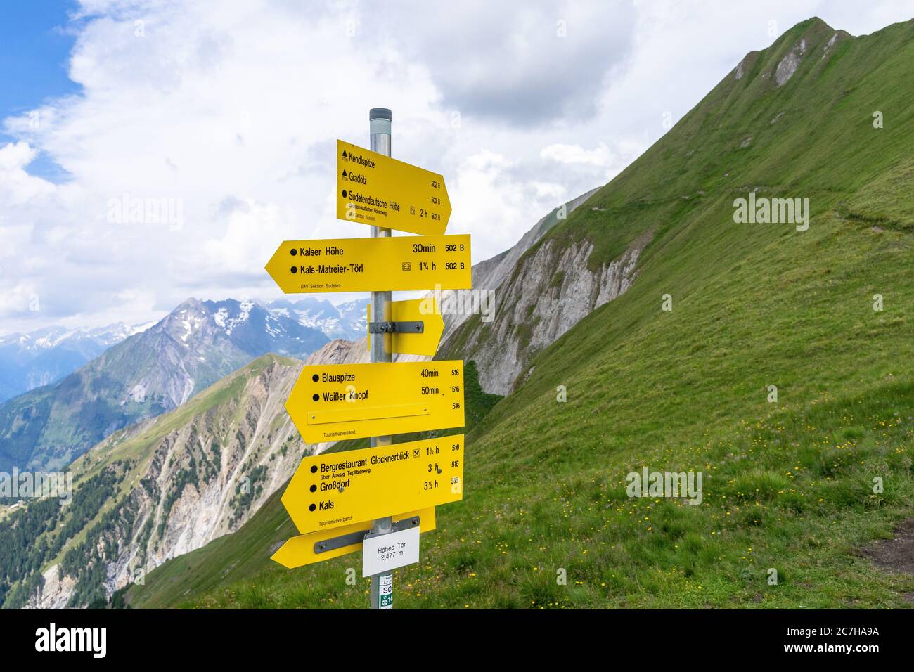 Europe, Austria, Tyrol, East Tyrol, Kals am Großglockner, signpost on ...