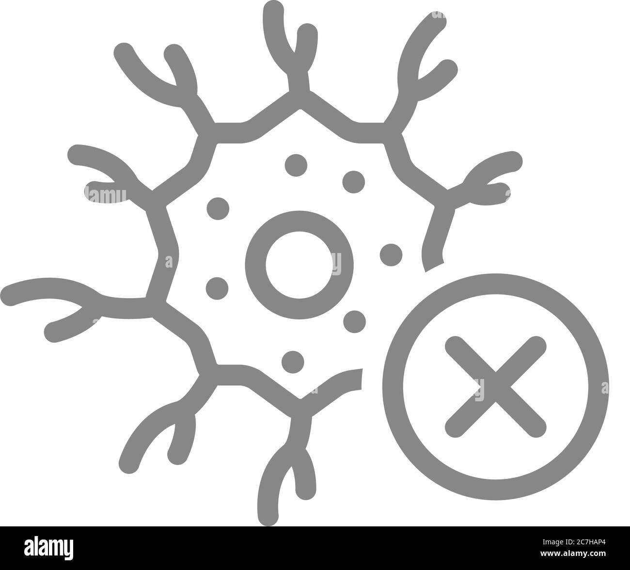 Neuron with cross checkmark line icon. Disease neural tissue, nerve ...
