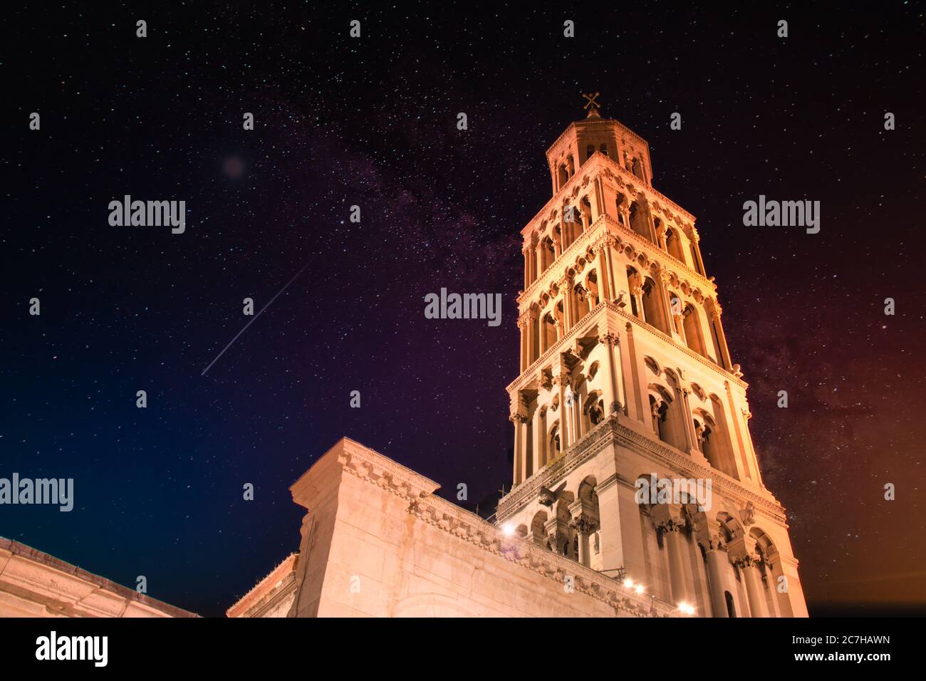 Saint Dominus belltower seen from below, long exposure, illuminated by ...