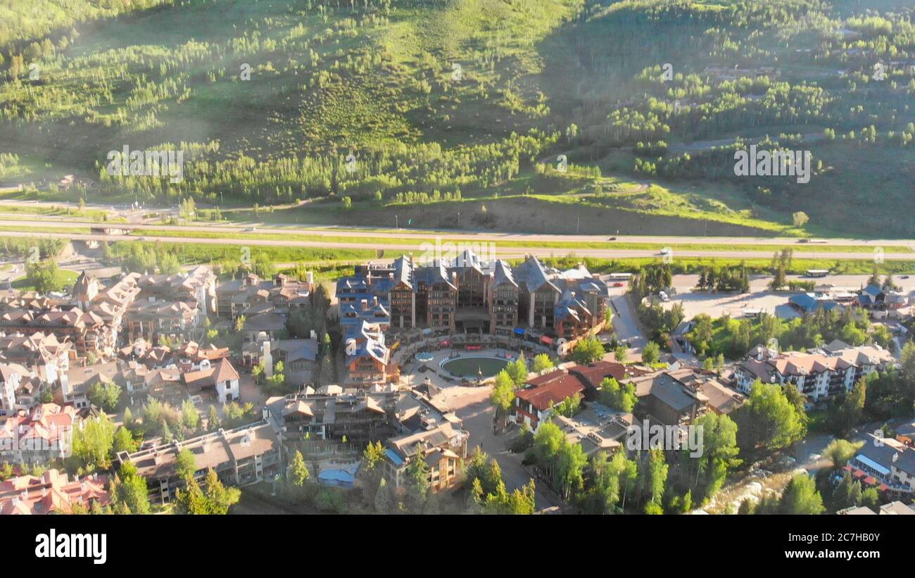 Vail, Colorado. Amazing aerial view of cityscape at summer sunset, USA ...