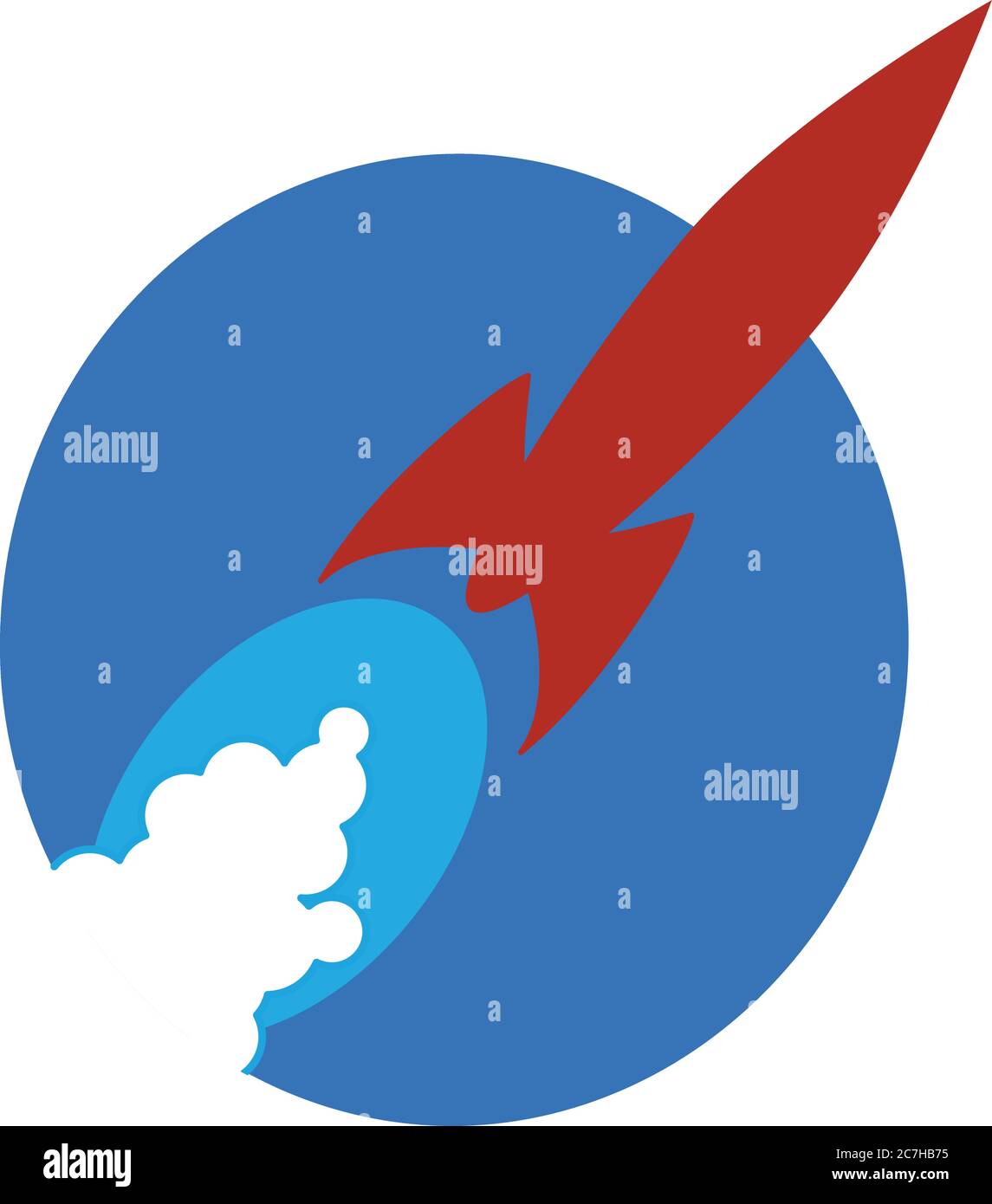 Vintage red rocket ship flying across an oval field of blue with ...