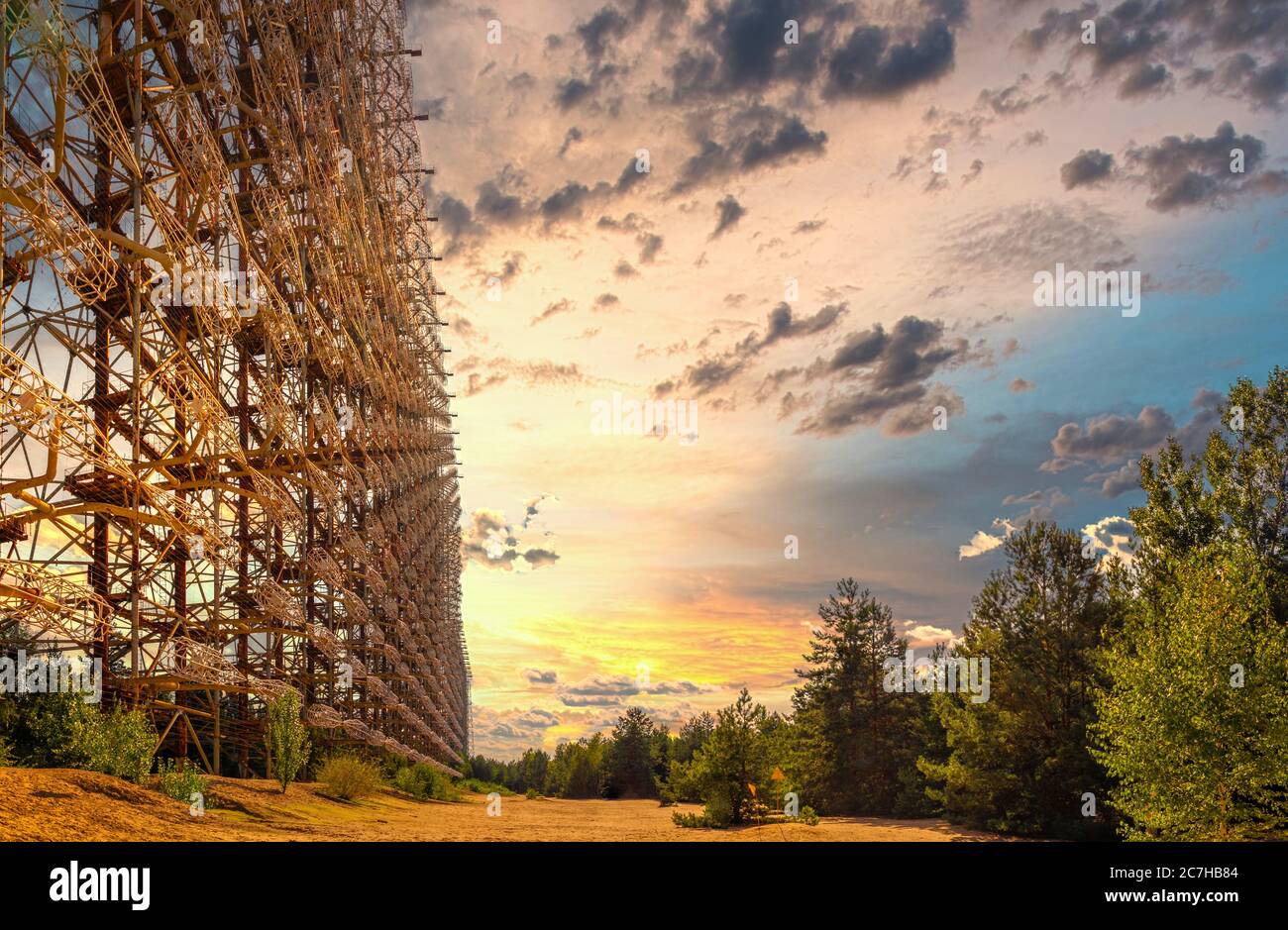 Huge duga radar complex in the chernobyl exclusion zone. Warm orange ...