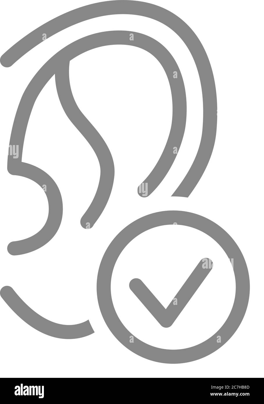 Ear with tick checkmark line icon. Hearing organ, ear check symbol ...