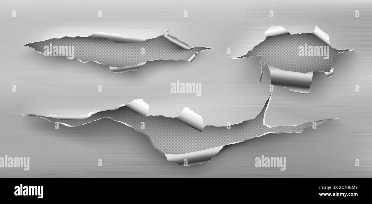 Metal rip holes with curly edges, ragged cracks, cut damage on steel ...