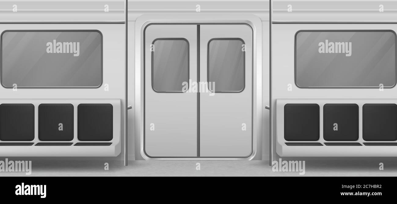 Subway wagon interior inside view with door, seats and windows. Empty ...