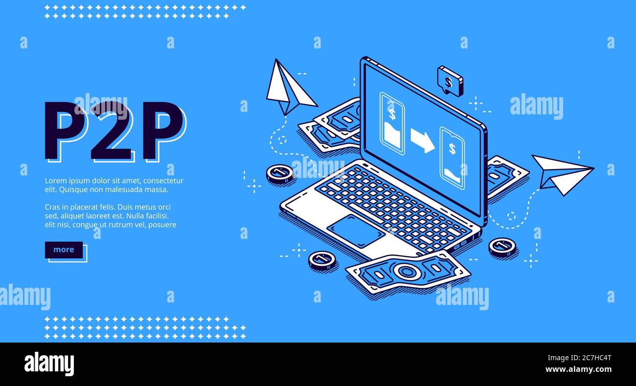 P2p isometric landing page, peer-to-peer lending, transfer money. One ...