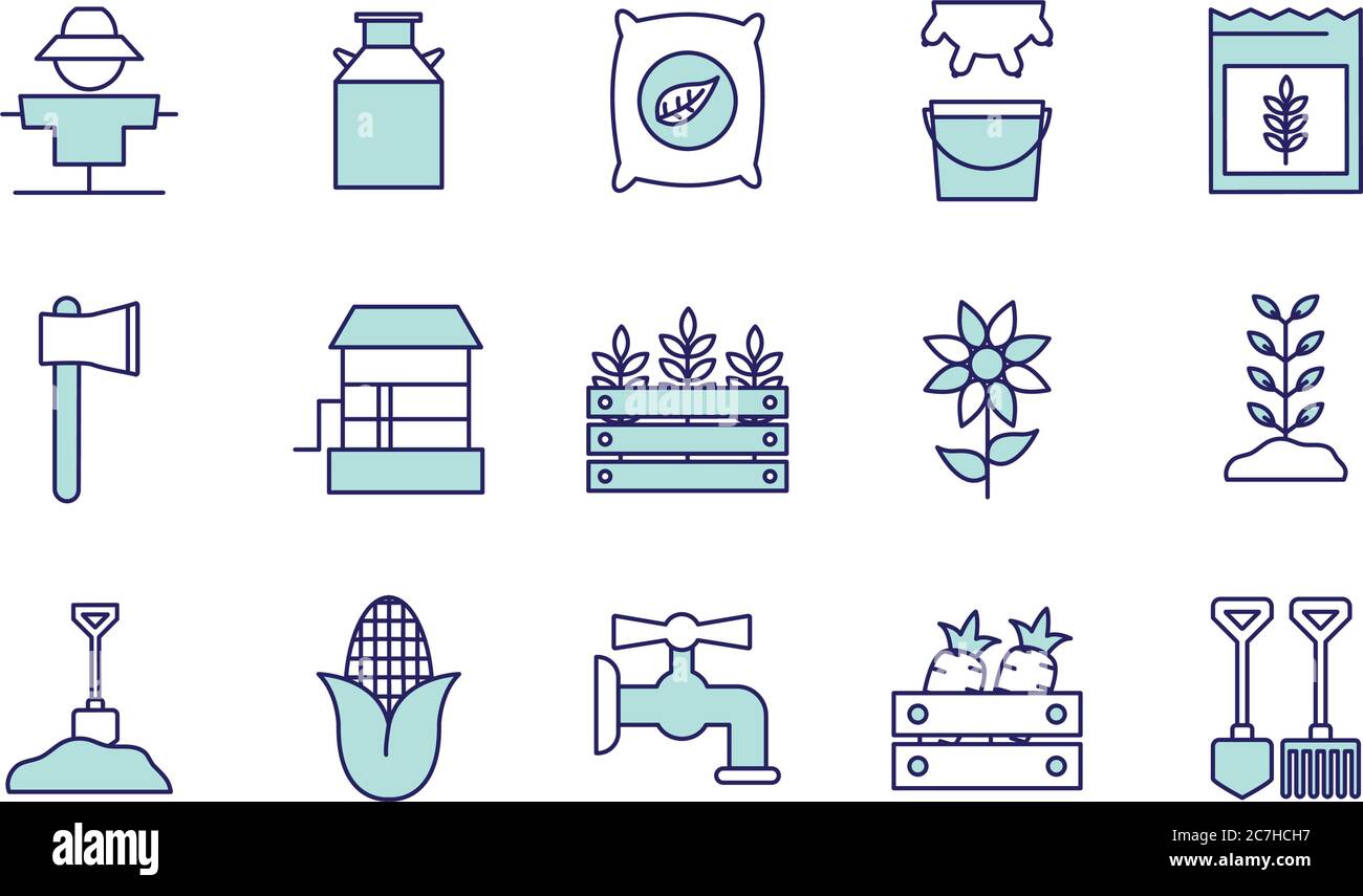 farm line and fill style icon set design, agronomy lifestyle ...
