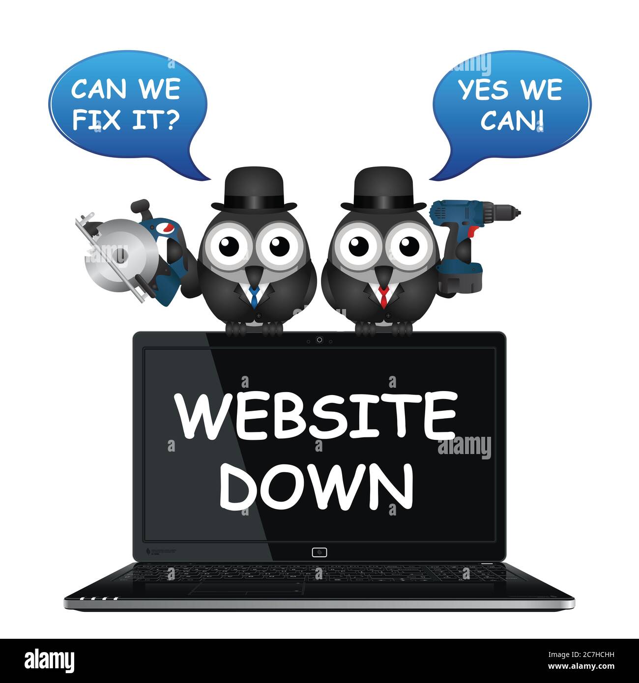 Comical website down with bird IT engineers perched on a laptop ready ...