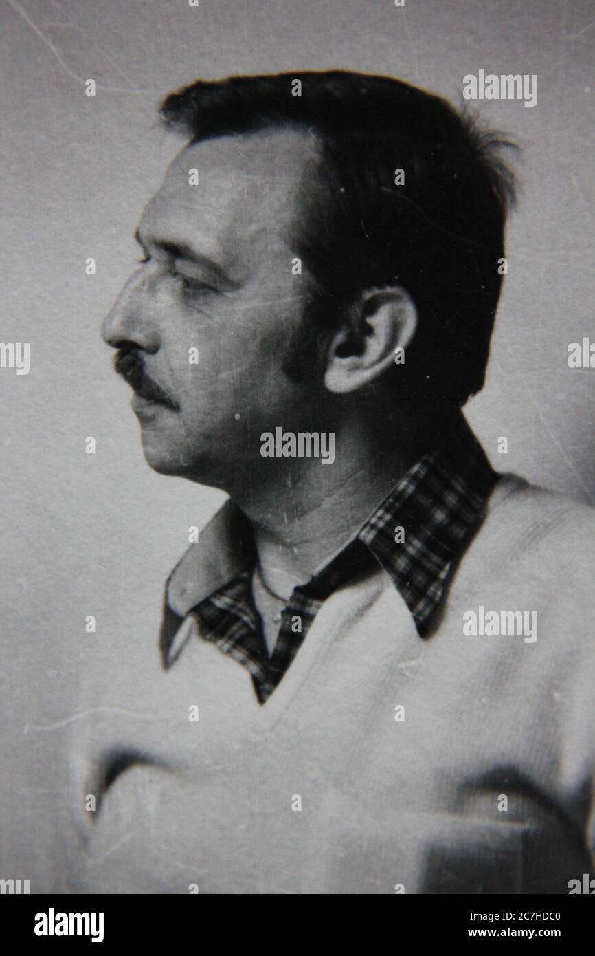 Fine 70s vintage black and white lifestyle photography of a middle aged ...