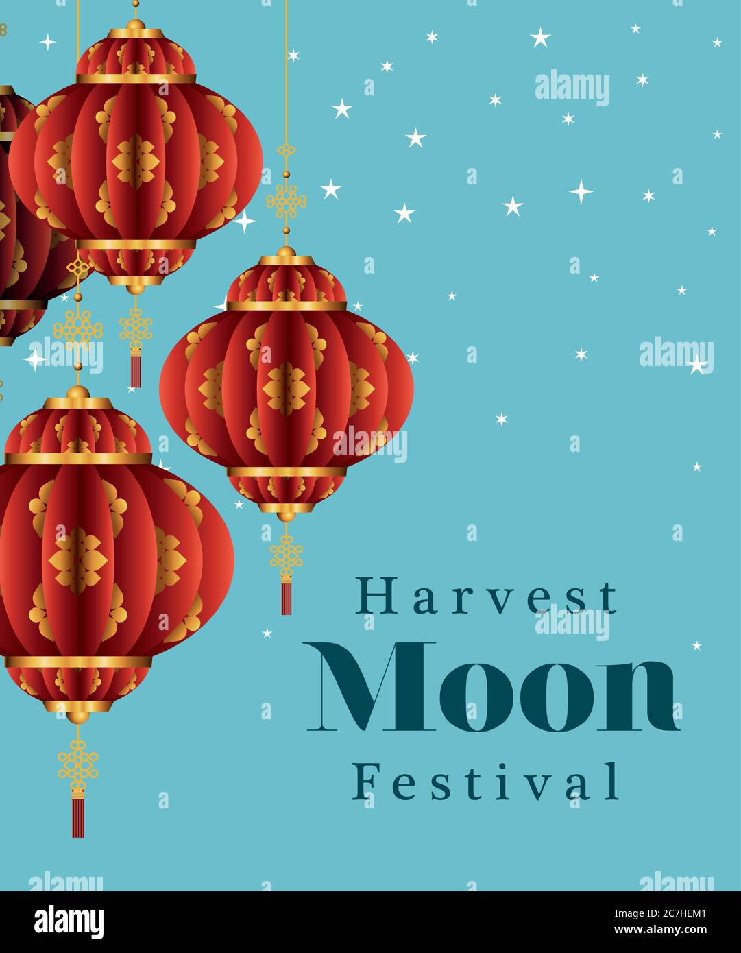 Mid autumn harvest moon festival with red lanterns and stars design ...