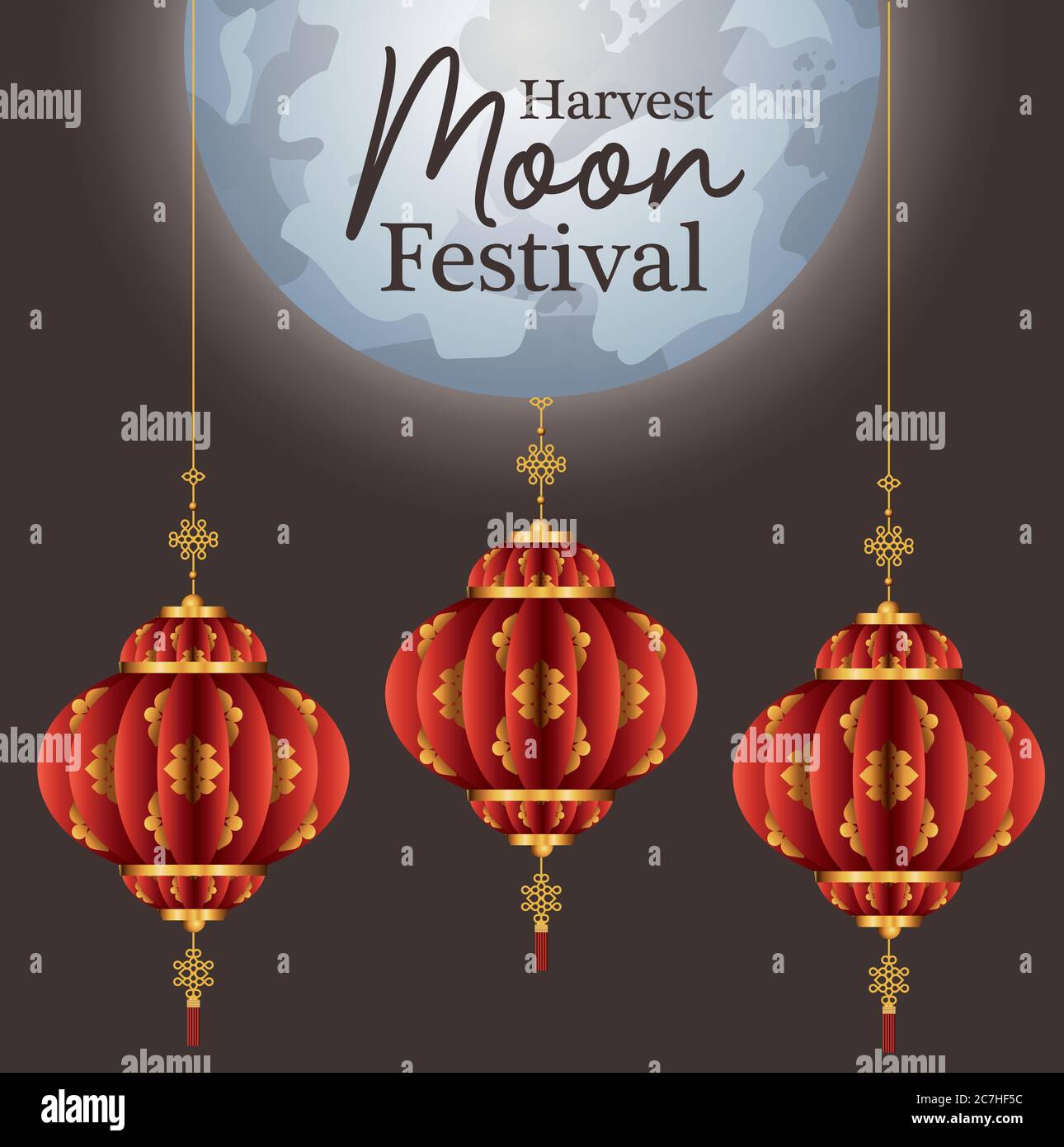 Mid autumn harvest moon festival with red lanterns design, Oriental ...