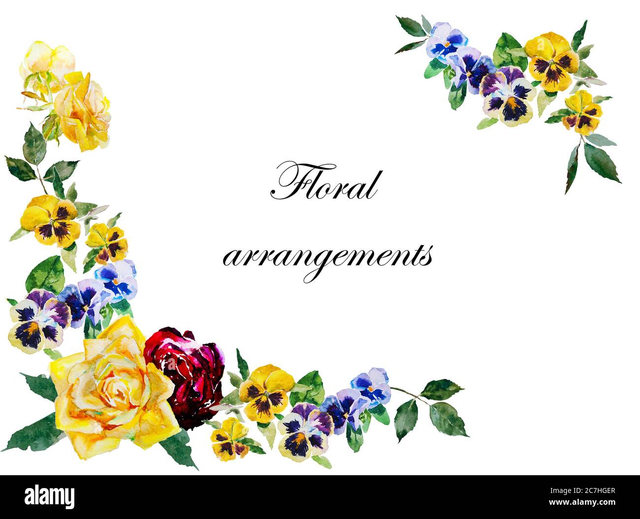 Pansy and roses watercolor curved corner garland elements with leaves ...