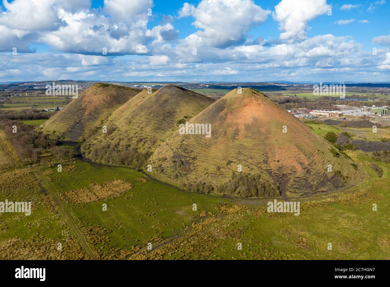 Aerial view of the Five Sisters shale bing, West Calder, West Lothian ...