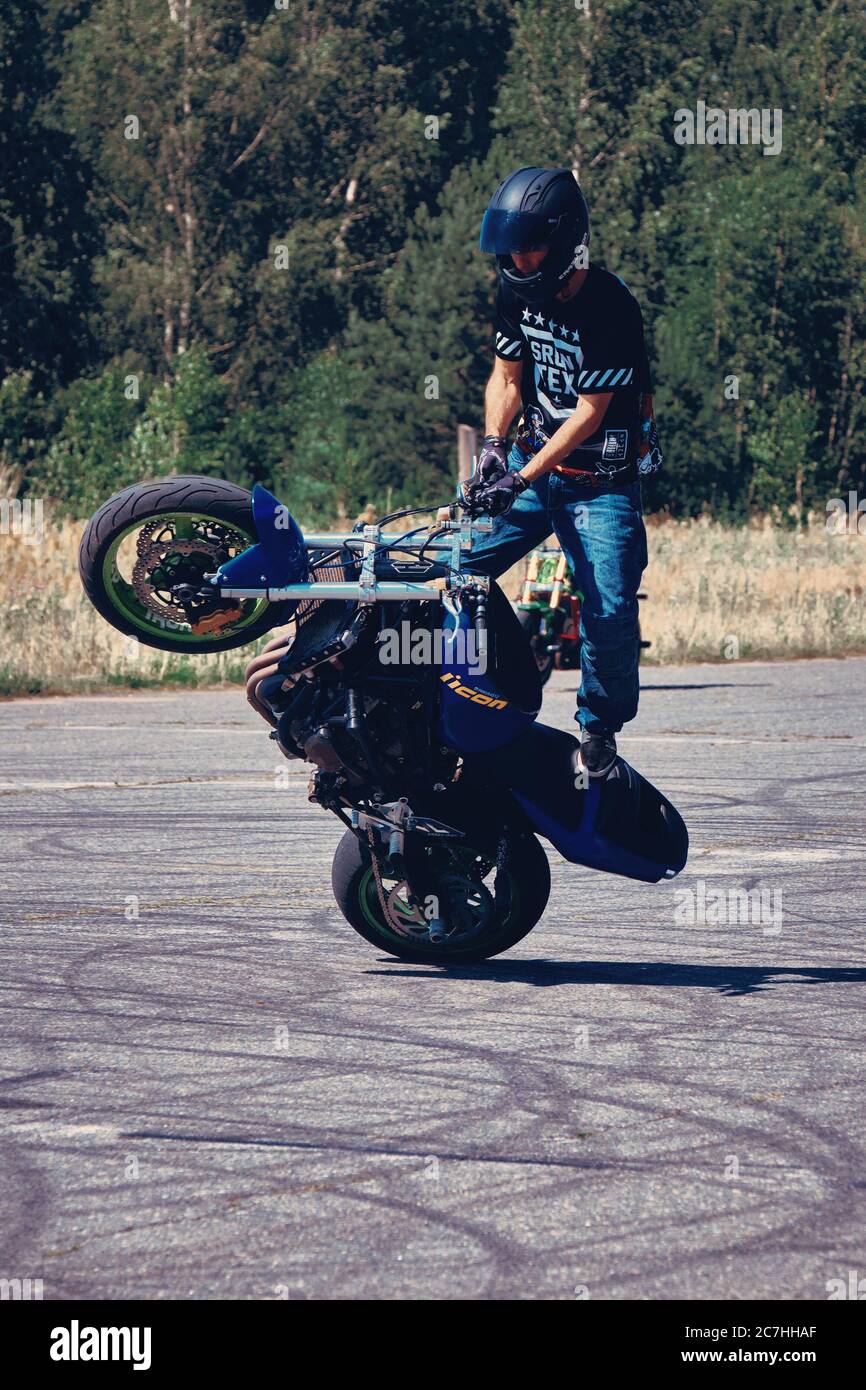 Moscow, Russia - 17 Jul 2020: Moto rider making a stunt on his ...