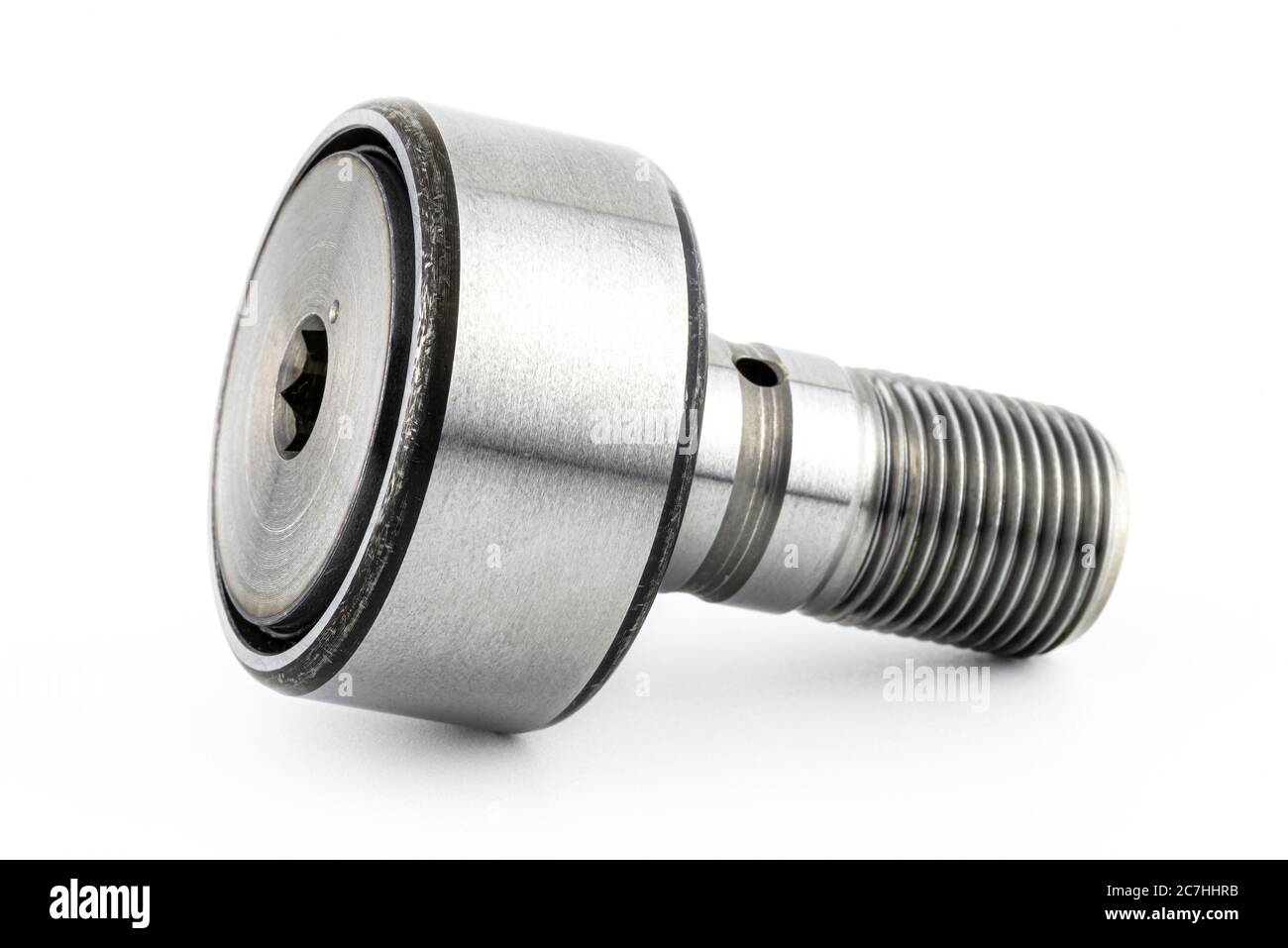 Needle roller bearing, cam follower with visible thread, isolated on a ...