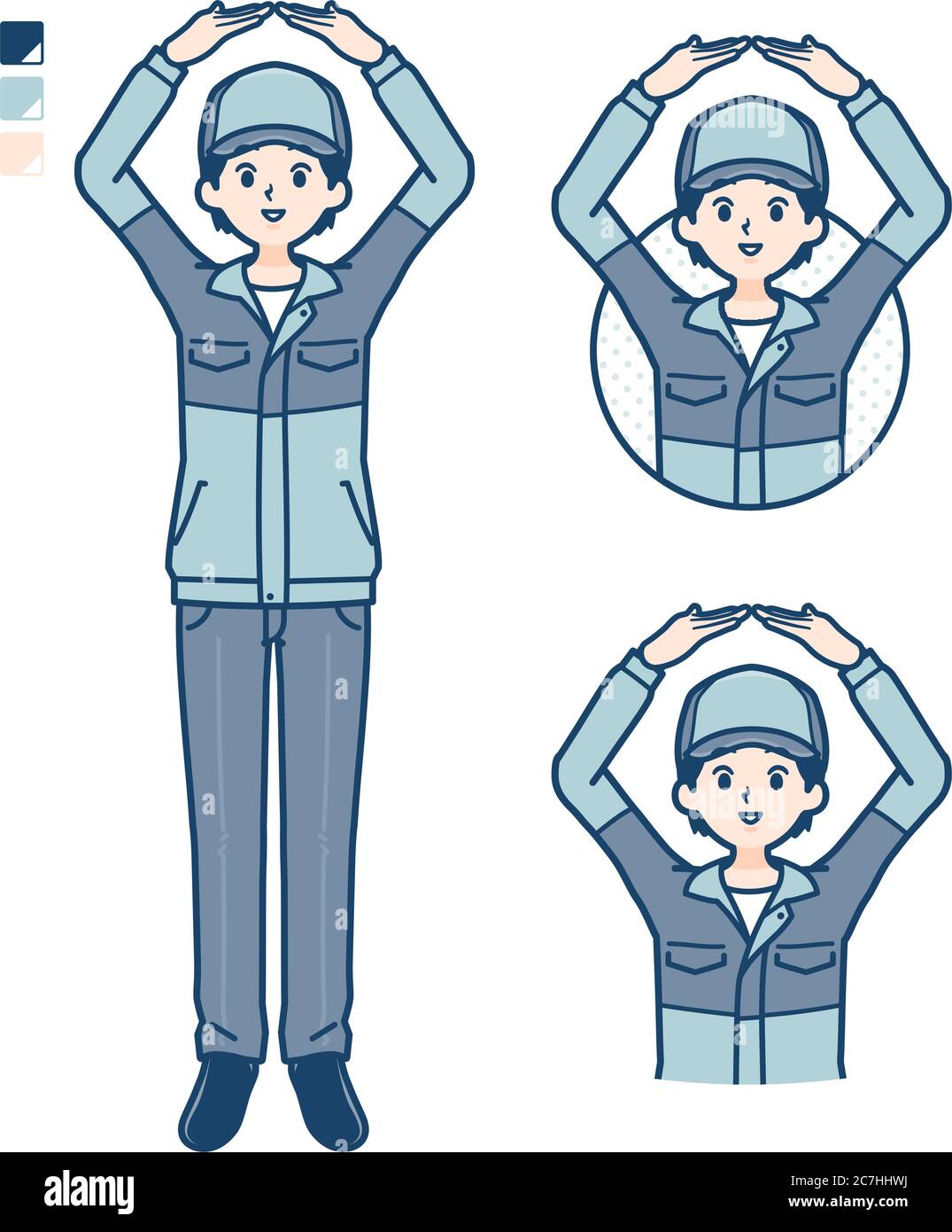 A Man wearing workwear with Making a circle with arms images. It's ...