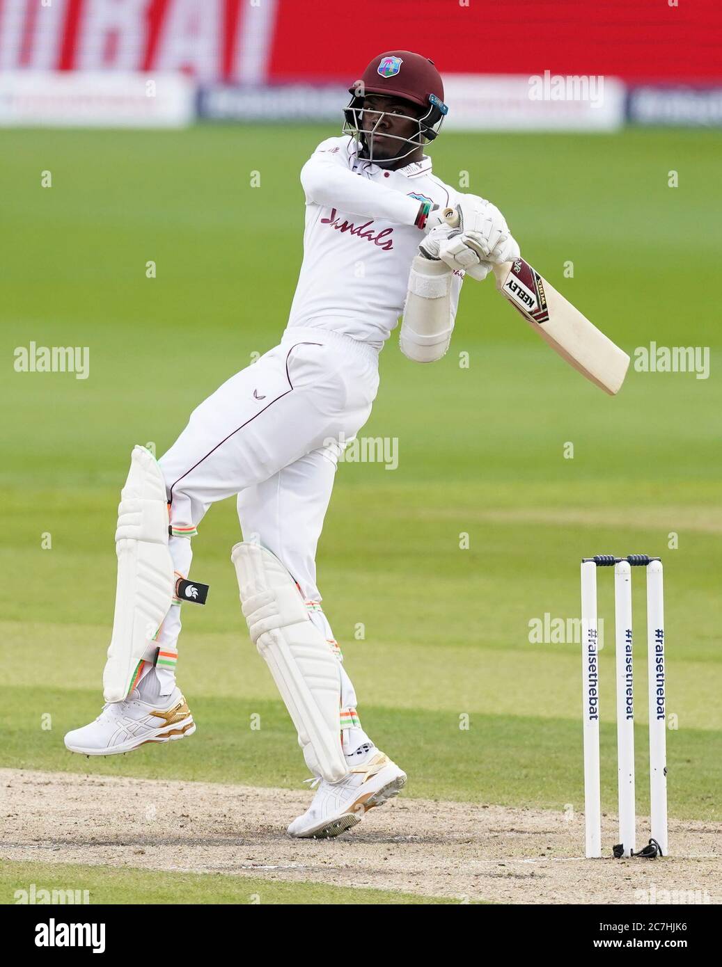 West Indies' Alzarri Joseph bats during day two of the Second Test at ...