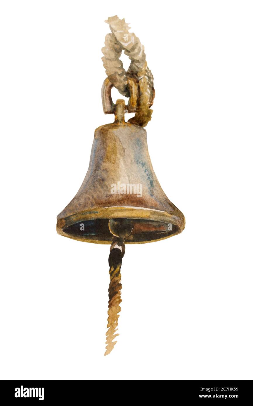 Hanging watercolor ship's bell with ropes isolated on white background ...