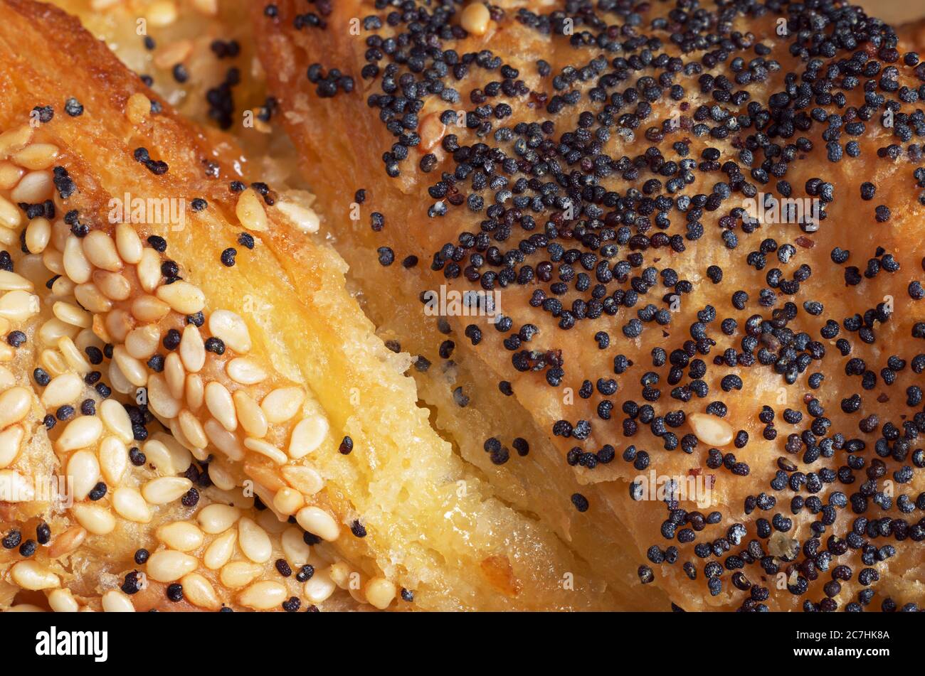 Background texture of fresh pastries with jam and seeds. Macro photo ...