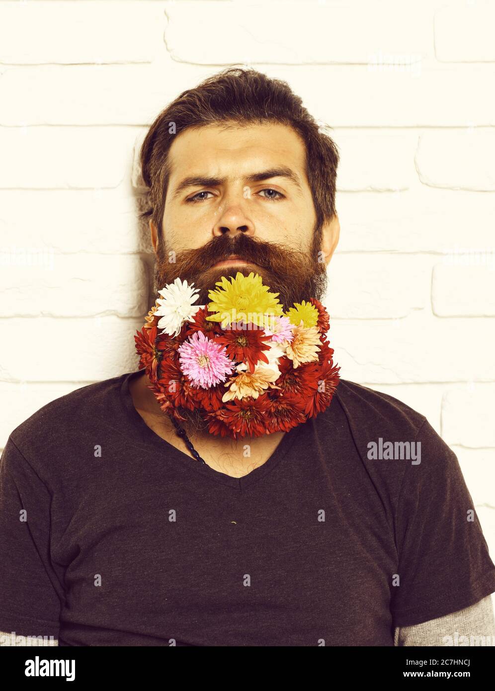 handsome bearded man with stylish mustache and shirt with colorful ...