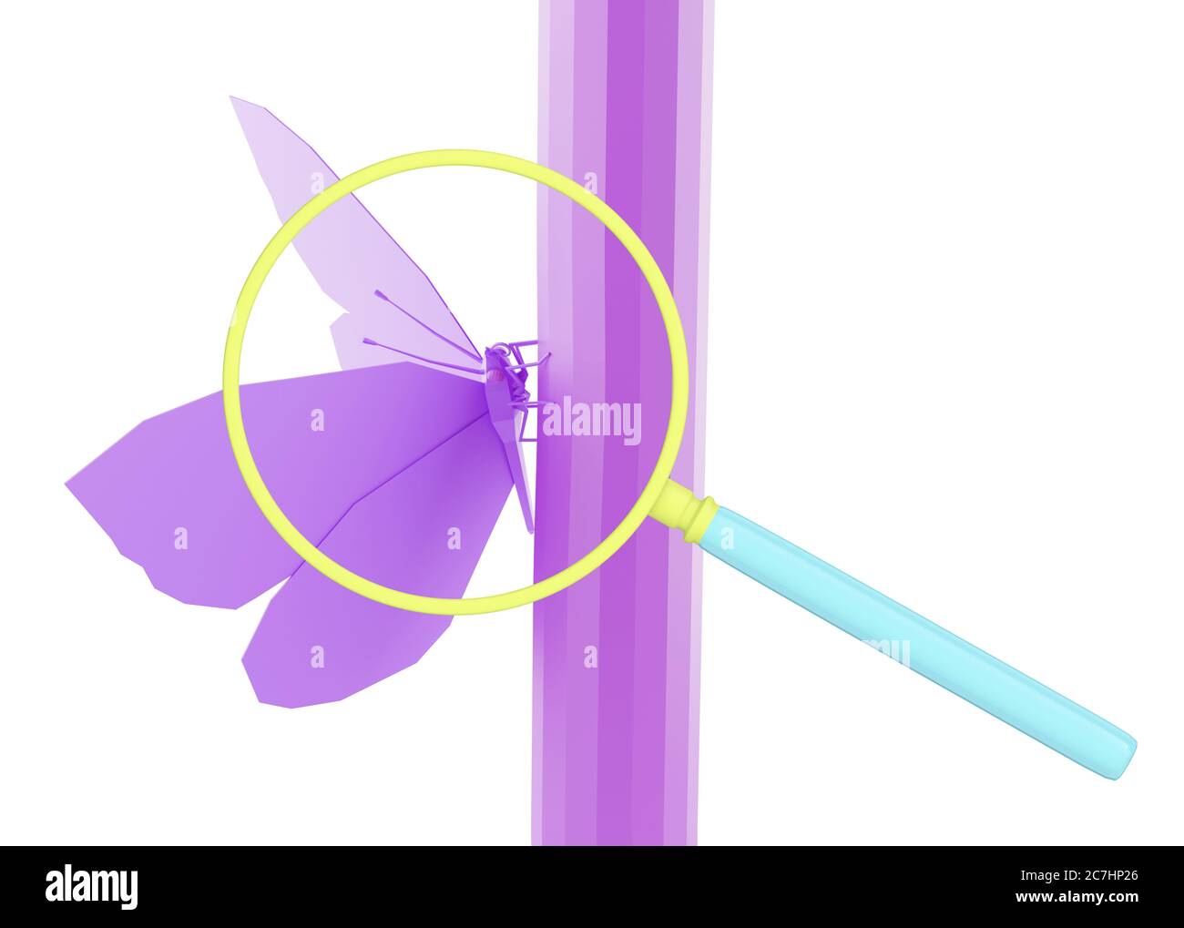 a purple low-poly butterfly under a magnifying glass, 3d render Stock ...