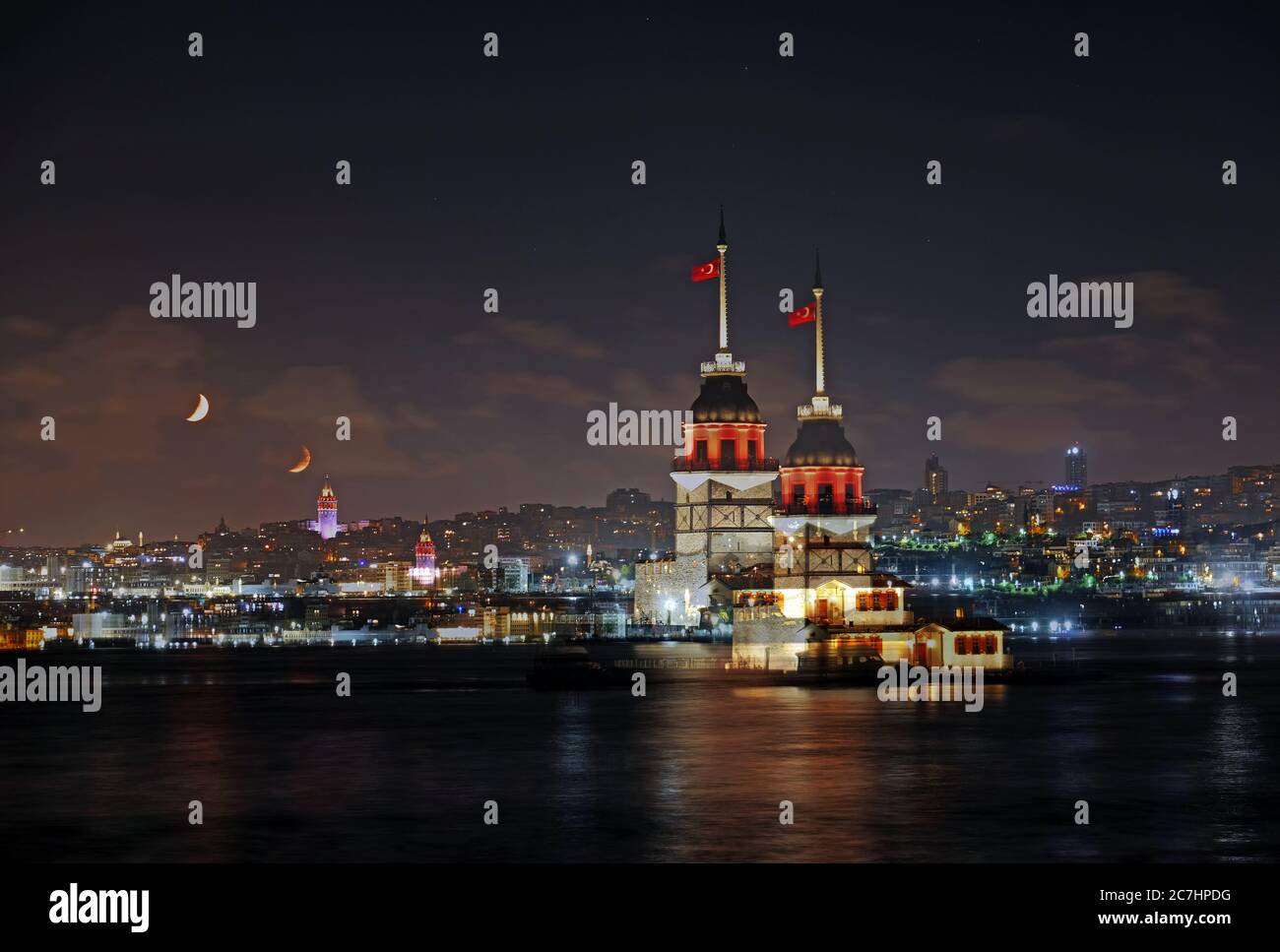 Moonset over Galata Tower in Istanbul , Turkey. double exposure Stock ...