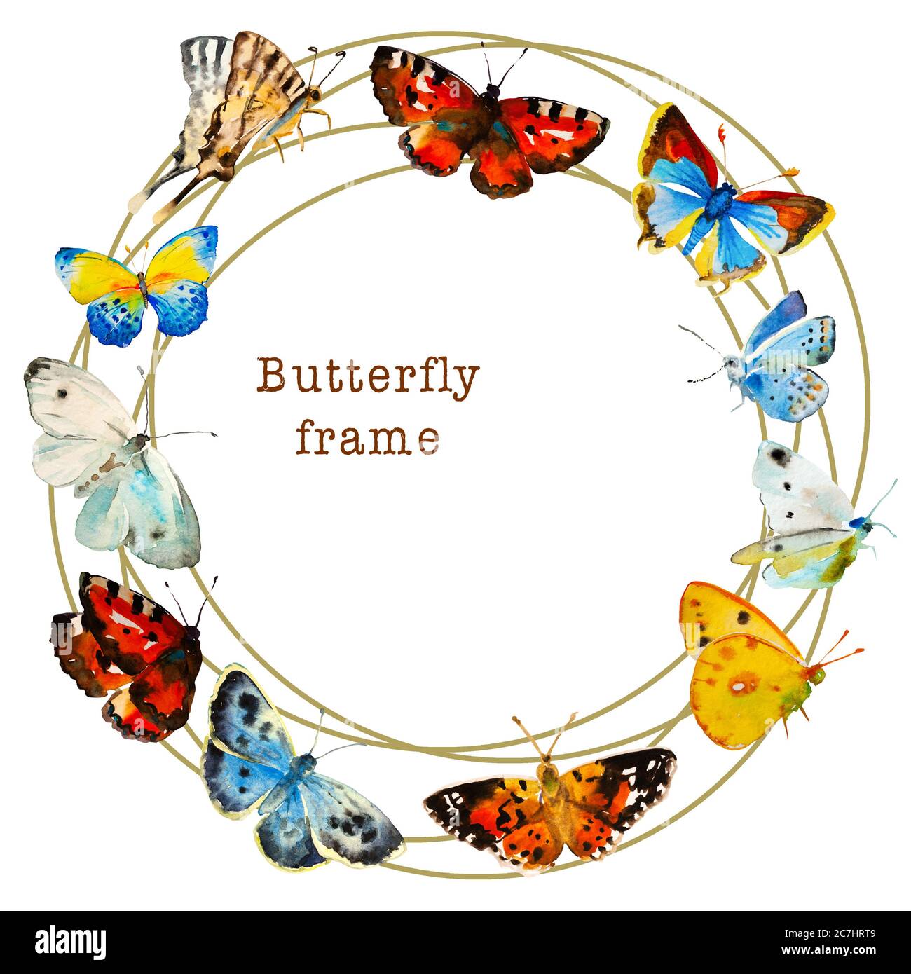 Watercolor butterfly round frame from different tipe of butterflies ...