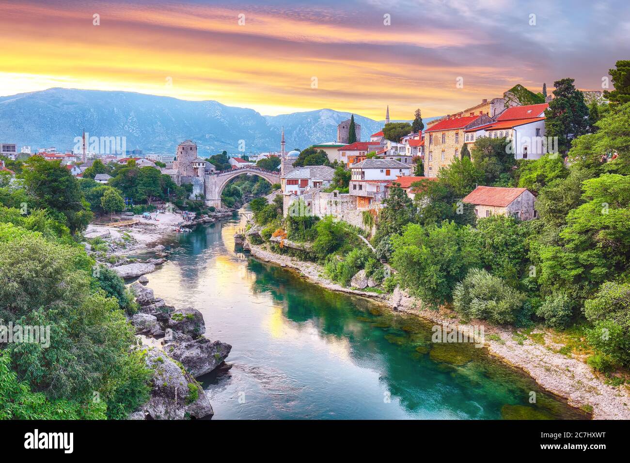 Fantastic Skyline of Mostar with the Mostar Bridge, houses and minarets ...