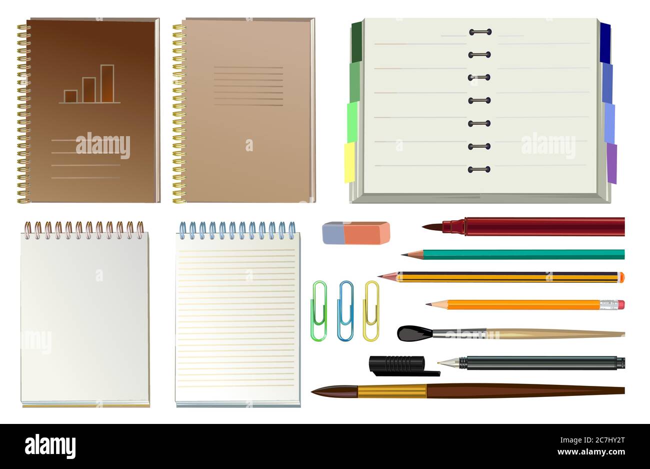 Office desk computer pens paper Stock Vector Images - Alamy