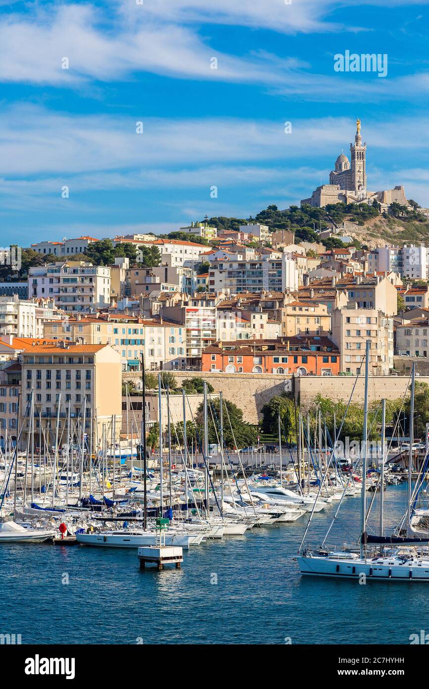 Aerial panoramic view on basilica of Notre Dame de la Garde and old ...