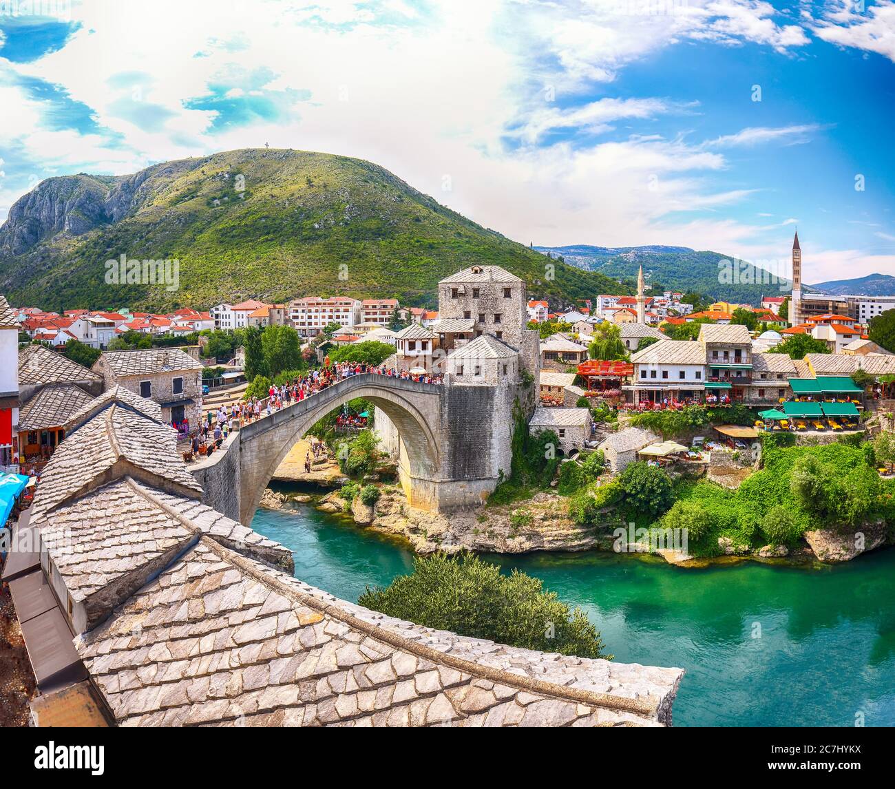 Fantastic Skyline of Mostar with the Mostar Bridge, houses and minarets ...