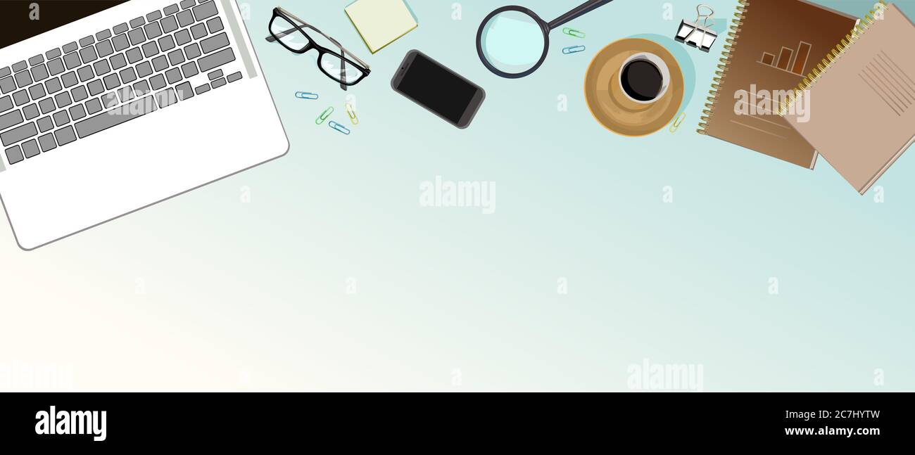 Office desktop computer. Desk top view background vector. Supplies ...