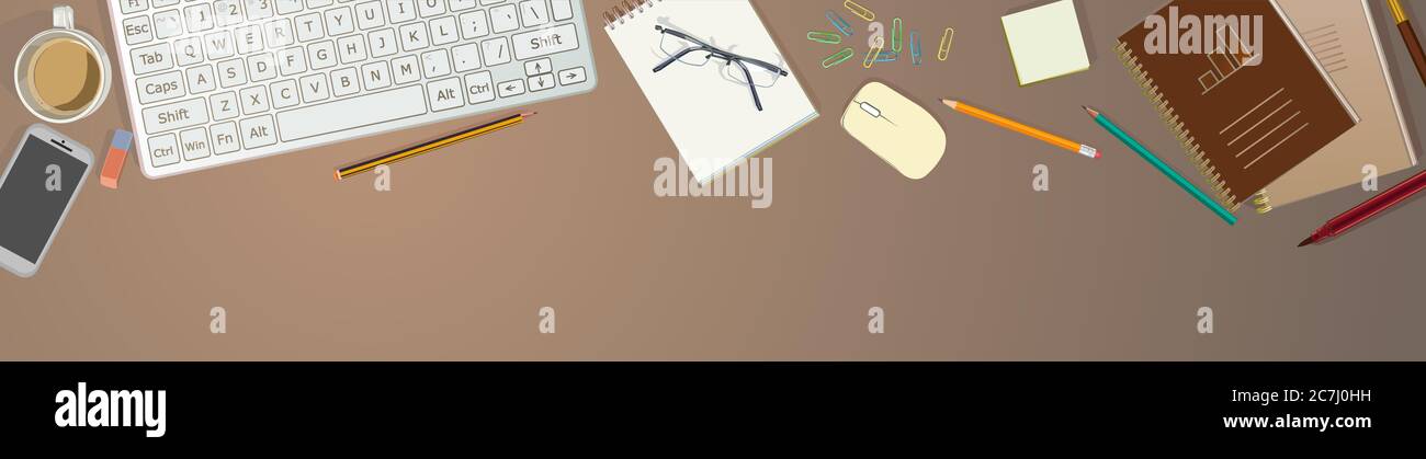 Office desktop computer. Desk top view background vector. Supplies ...