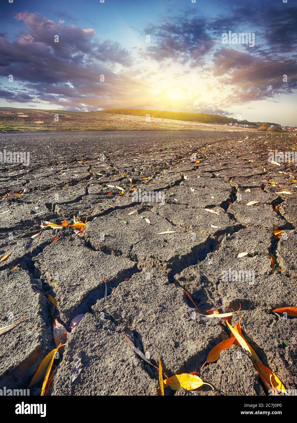 Land with dry and cracked ground. Climate change, dry lake. Autumn ...
