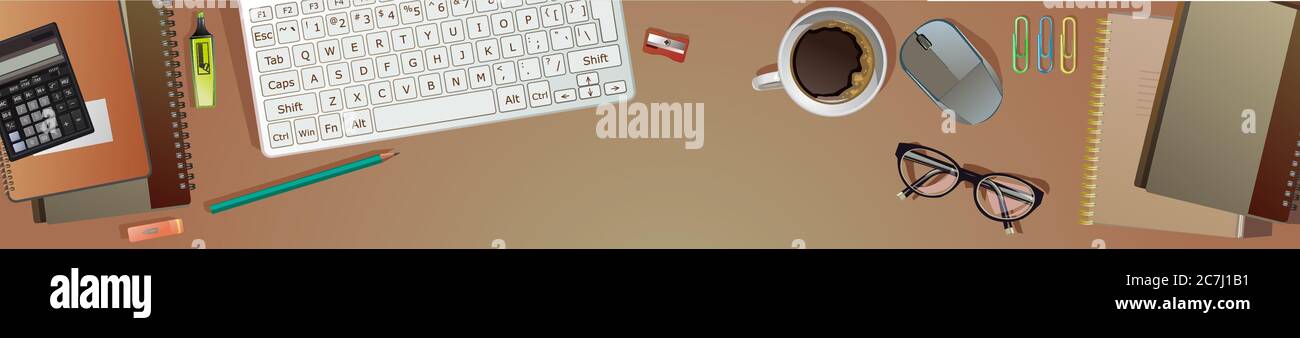 Office desktop computer. Desk top view background vector. Supplies ...