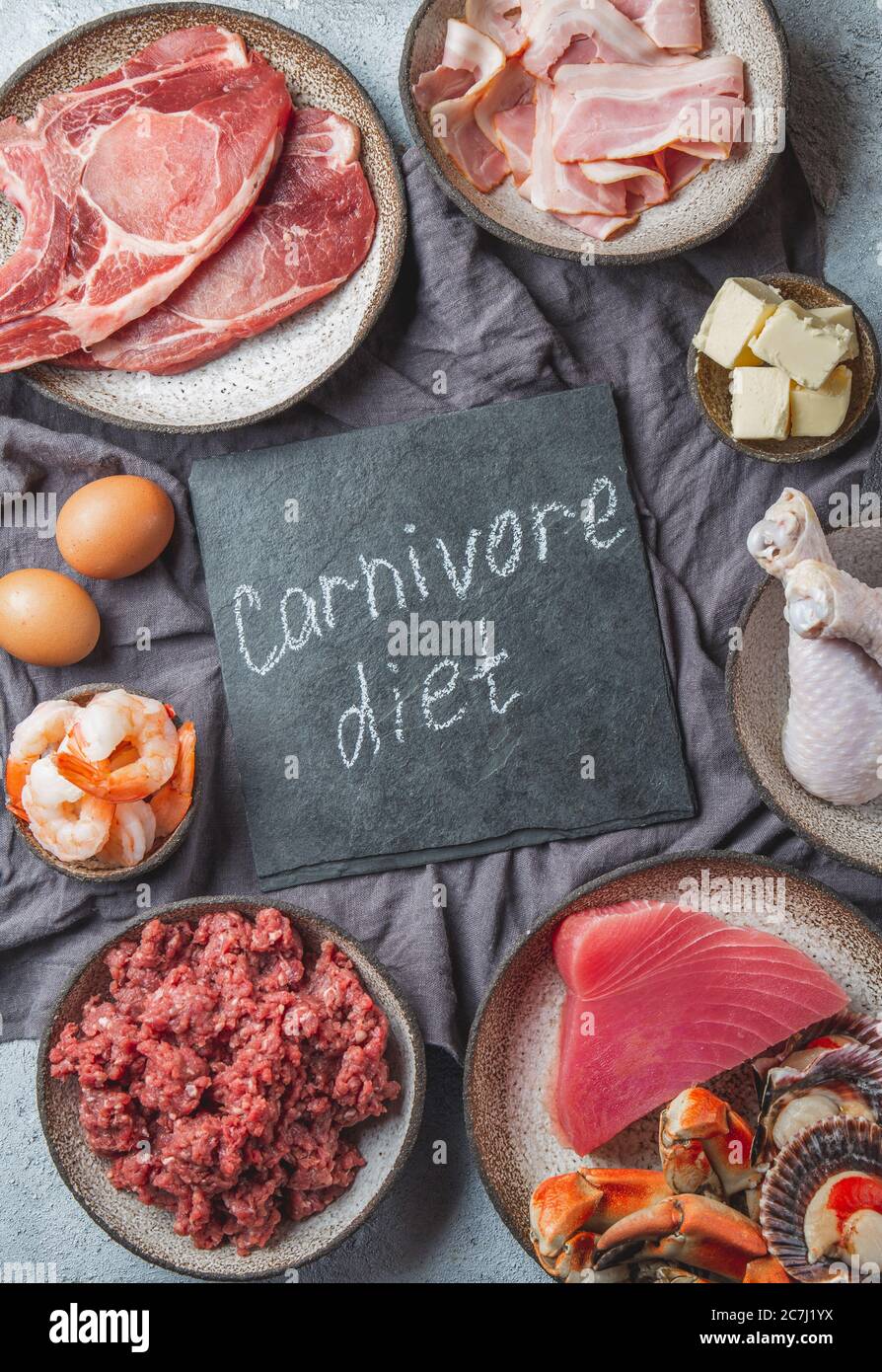 Carnivore diet concept. Raw ingredients for zero carb diet - fish ...
