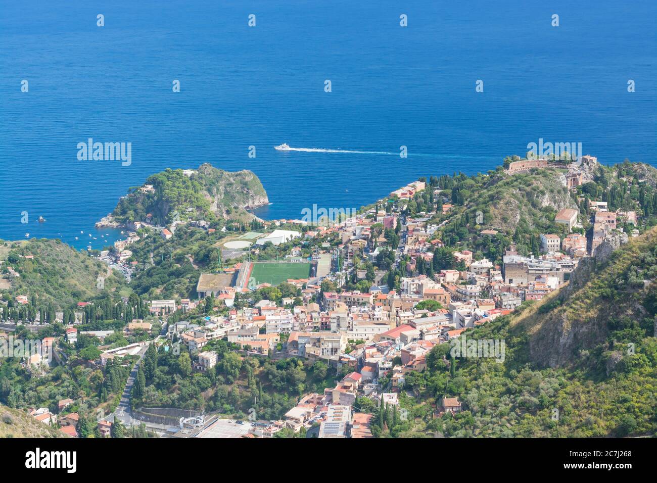 View of the landscape with the sea and the city of Taormina Sicily ...