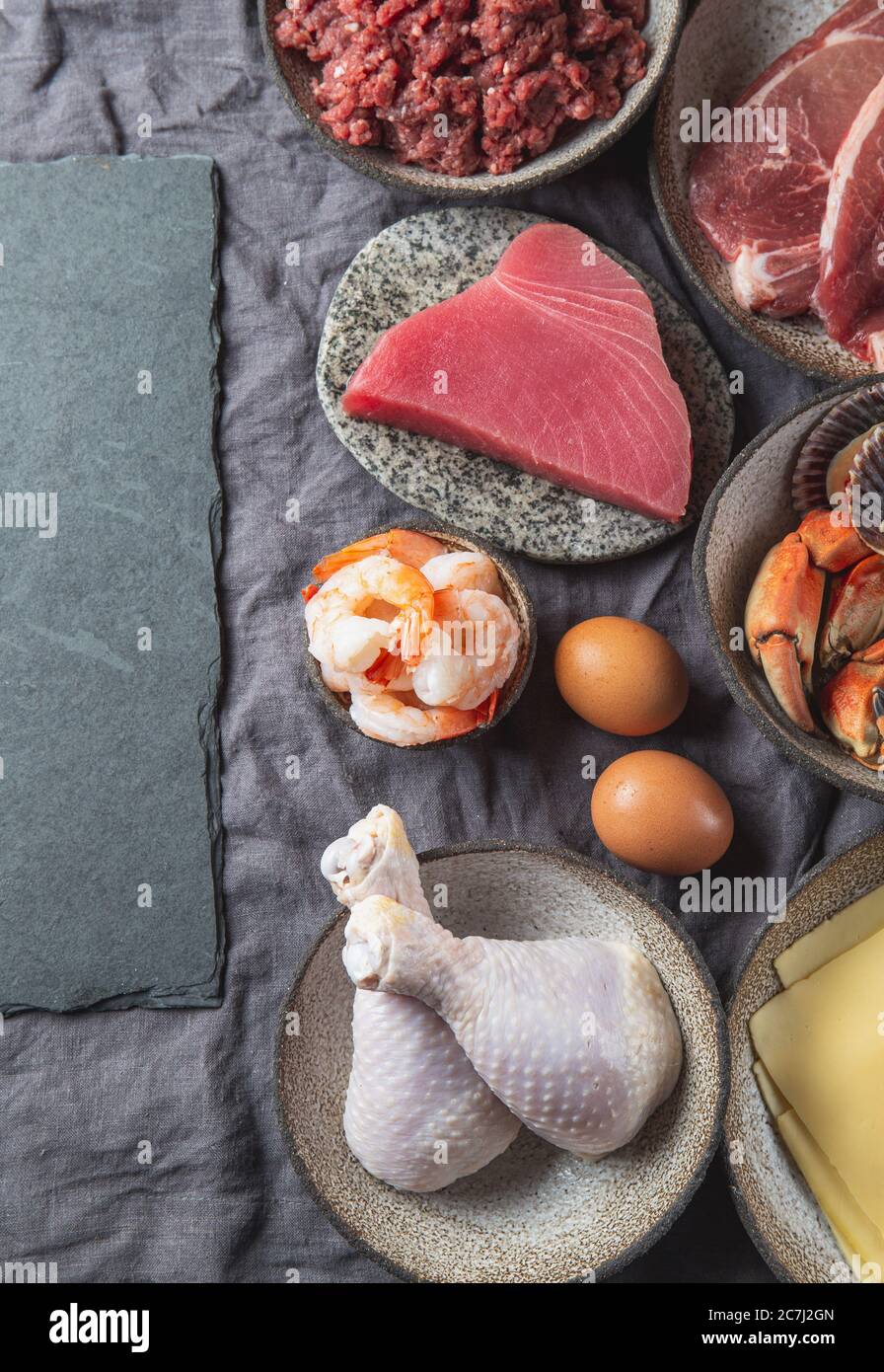 Animal protein sources background with copy space. Carnivore diet ...