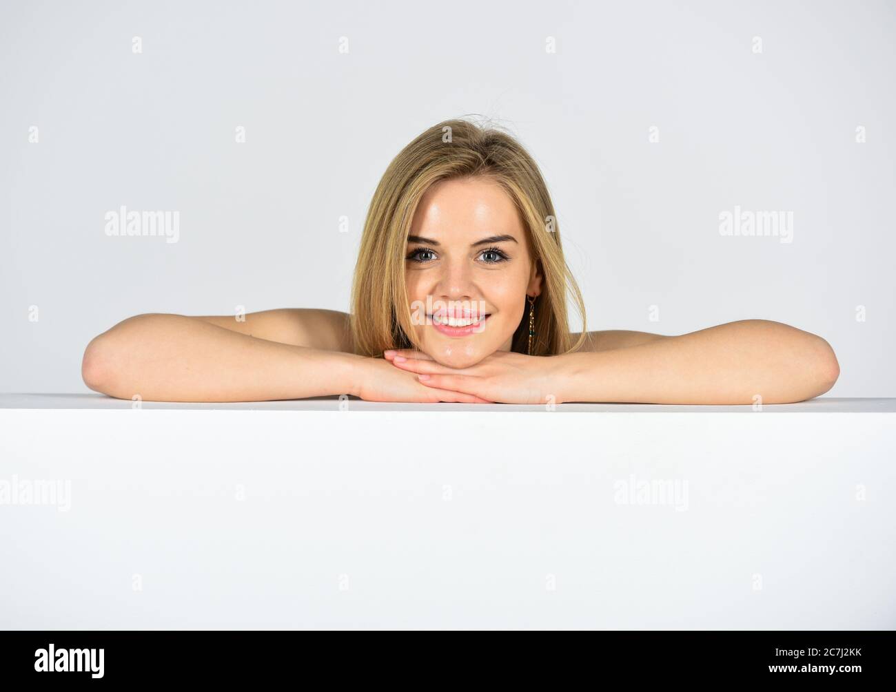 Shopping concept. Femininity and tenderness. Lady lean copy space ...