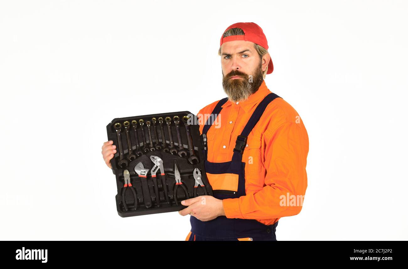 Mechanic Tool Box. Man in uniform carries toolbox white background ...