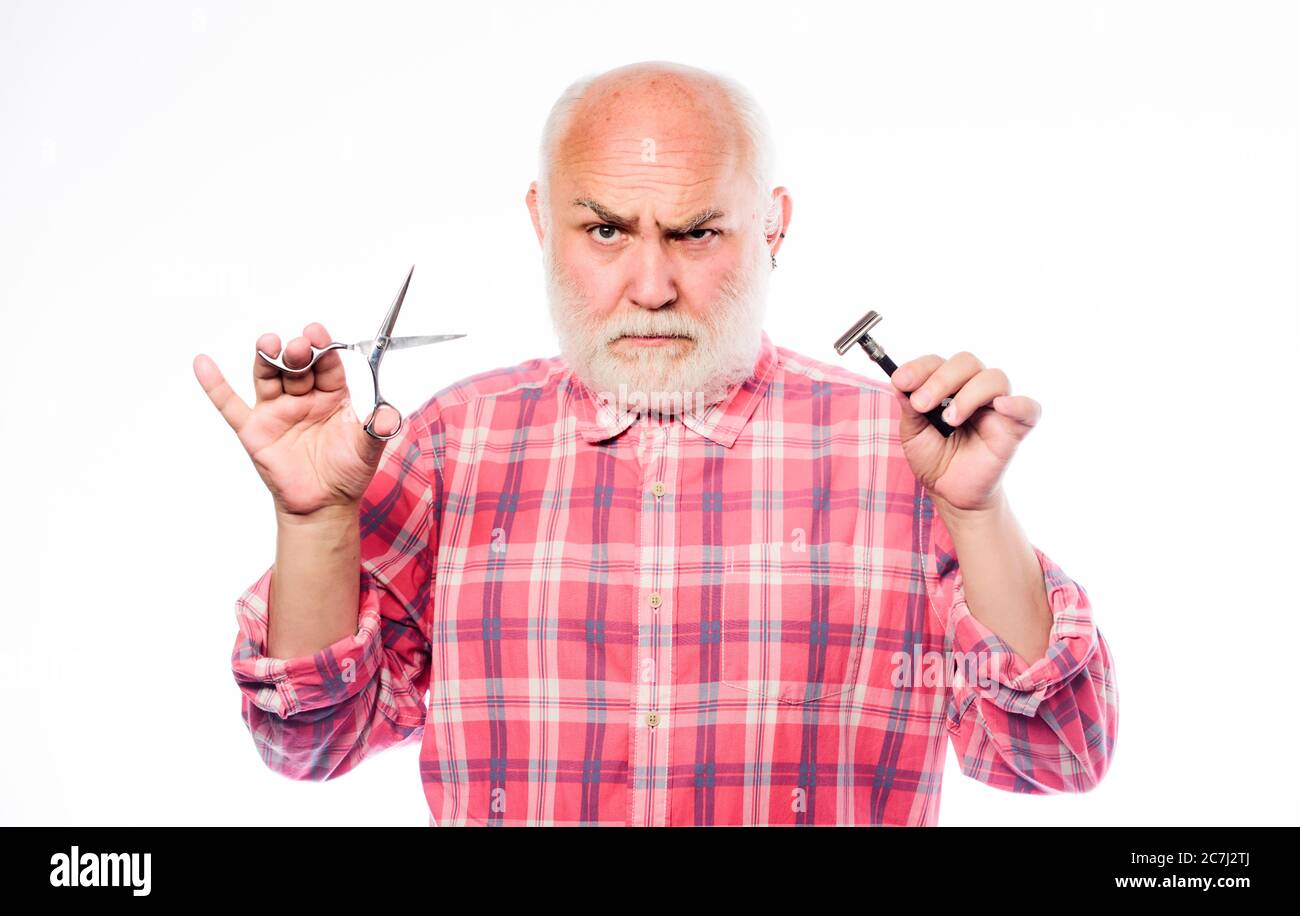 Cut beard facial hair. Mature man barber hold scissors and shaving ...