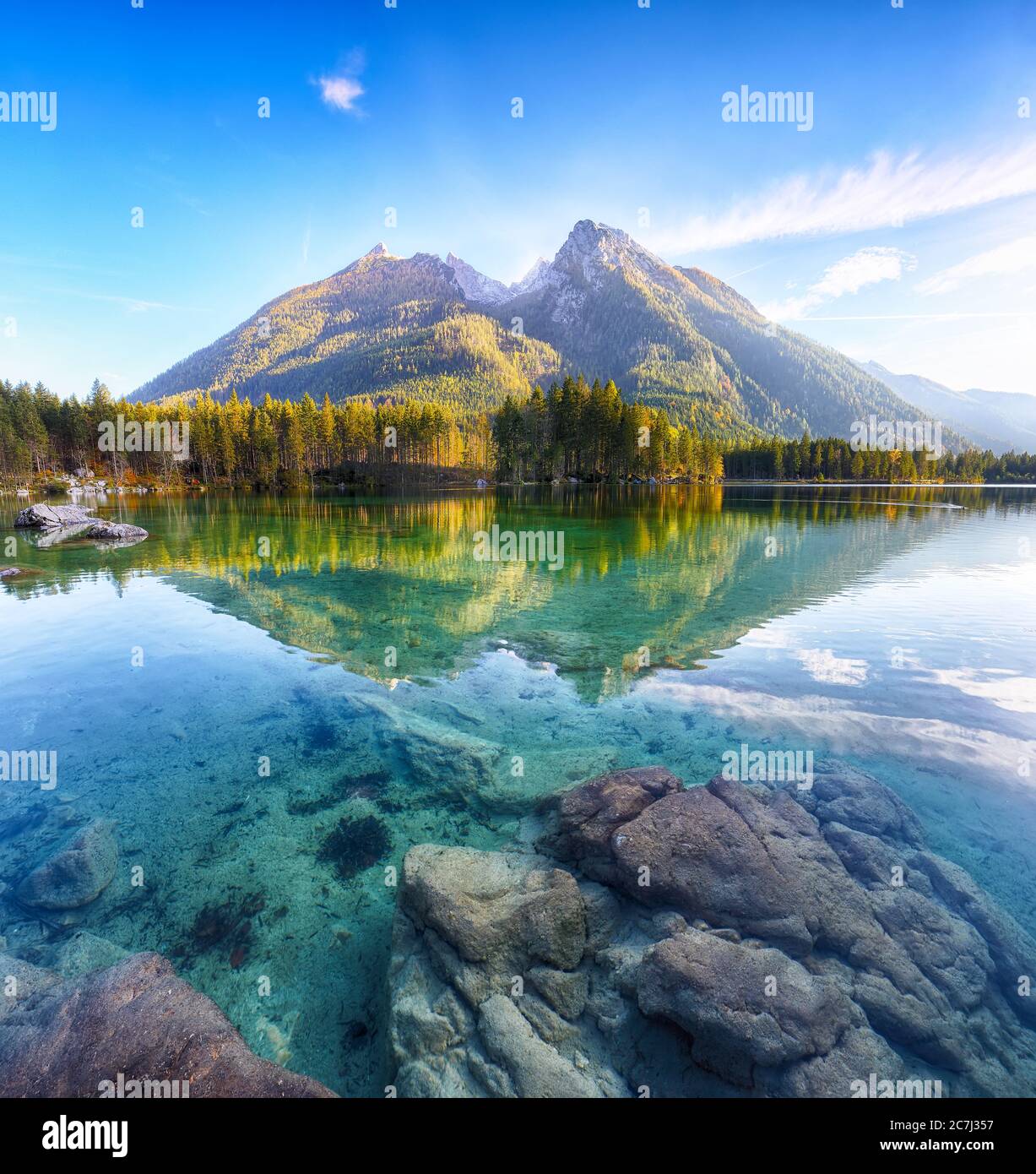 Fantastic autumn sunset of Hintersee lake. Beautiful scene of trees ...