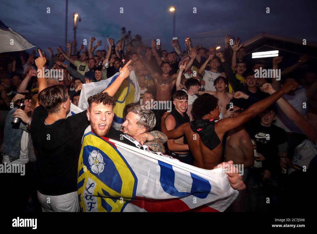 Leeds United fans celebrate outside Elland Road after Huddersfield Town ...