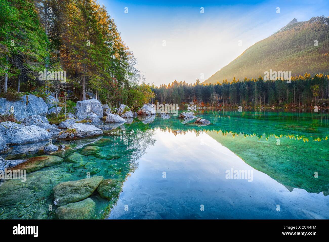 Fantastic autumn sunrise of Hintersee lake. Beautiful scene of trees ...