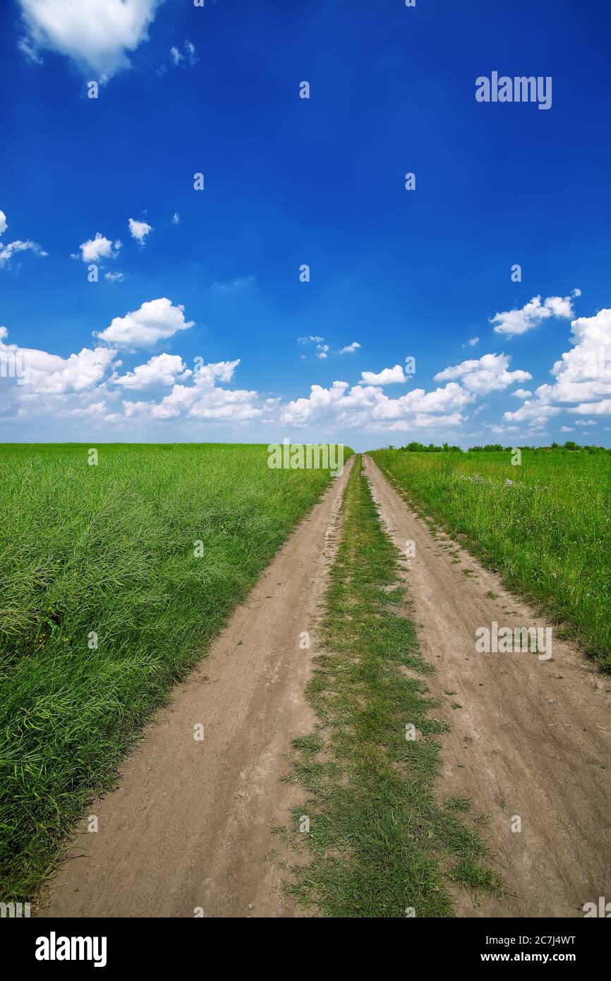 Summer landscape with green grass, road and clouds Stock Photo - Alamy