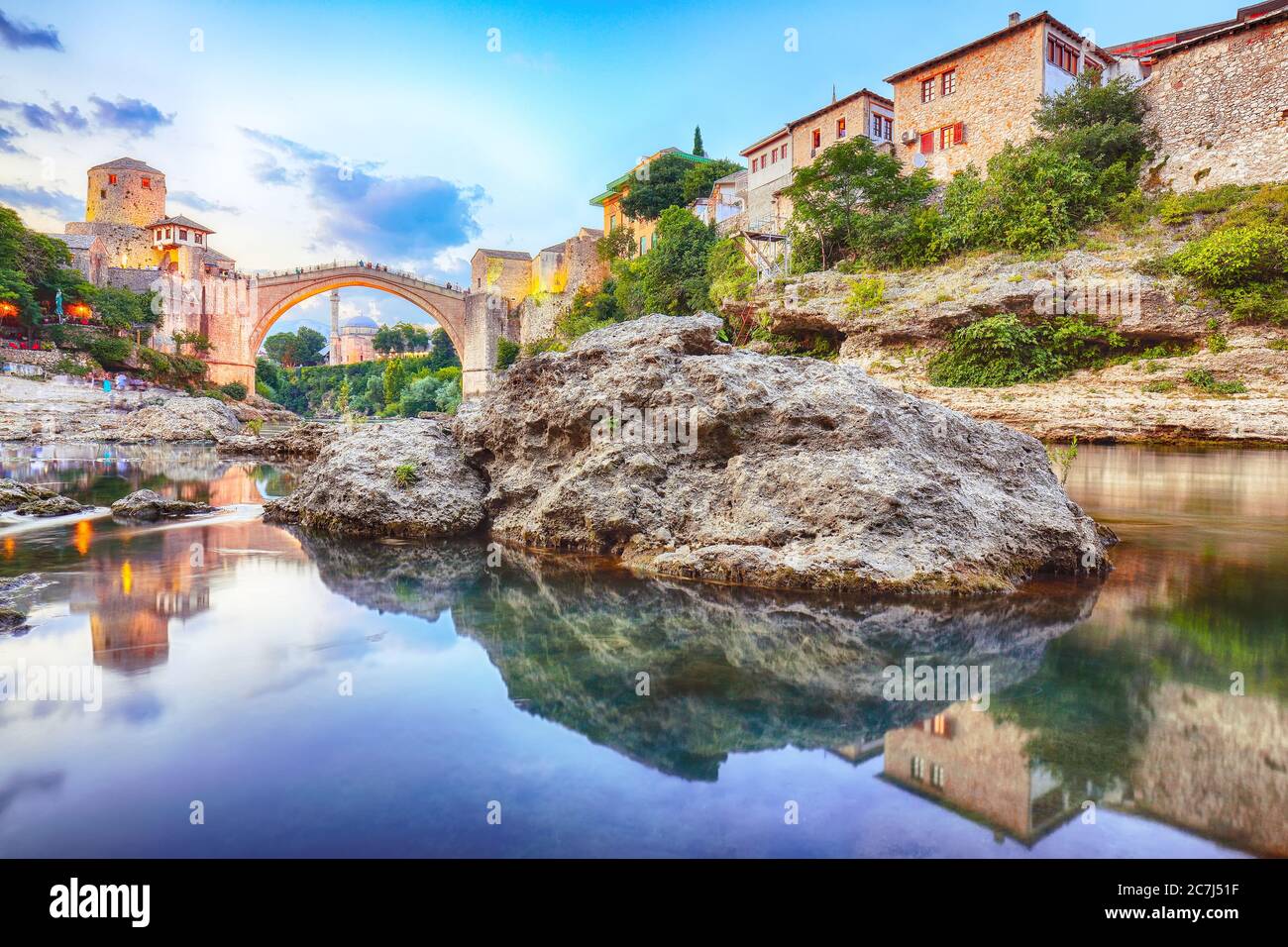 Fantastic Skyline of Mostar with the Mostar Bridge, houses and minarets ...