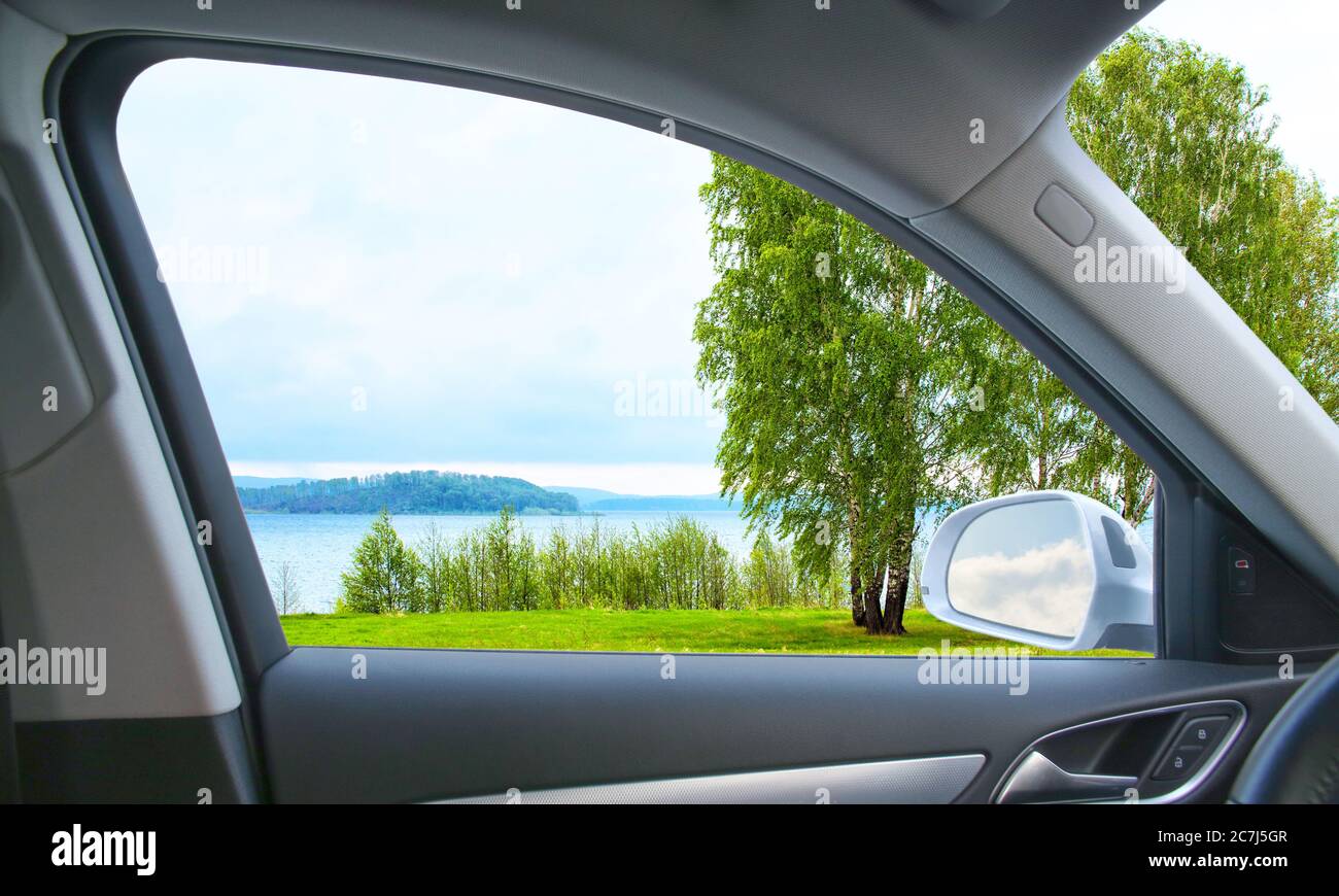 beautiful landscape with river from car window Stock Photo - Alamy